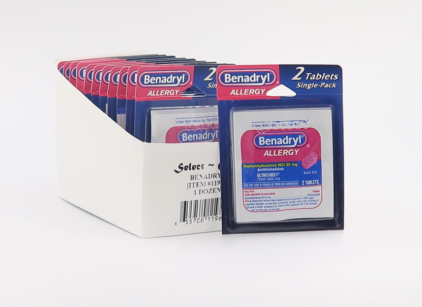 BENADRYL 2 TABLETS SINGLE PACK 1 DOZEN